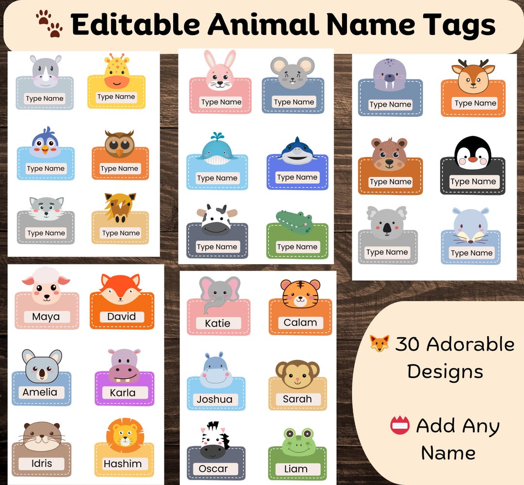 Editable Animal Name Tags: Printable Classroom Labels (instant Download ...