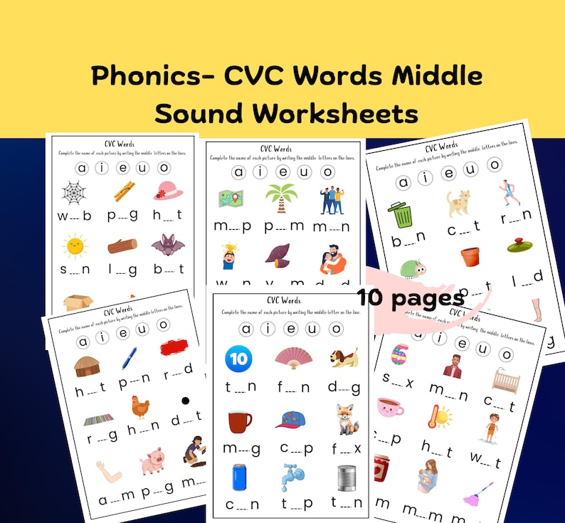 Phonics CVC Words Middle Sound Worksheets | 10 Pages of Vowel Sound ...