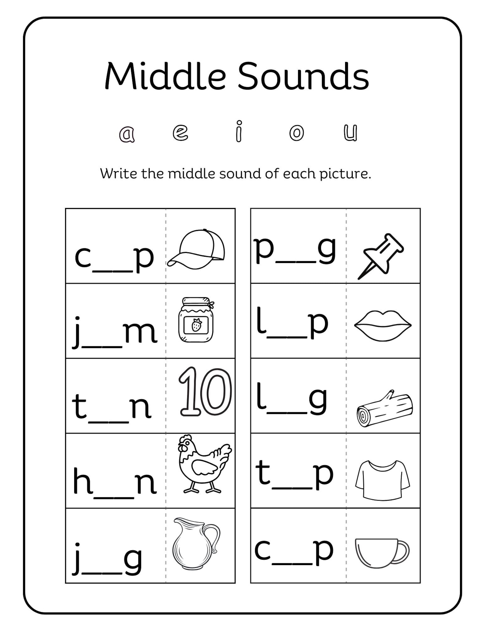 Phonics Worksheet, Middle Sound Worksheets, Write the Missing Letter ...