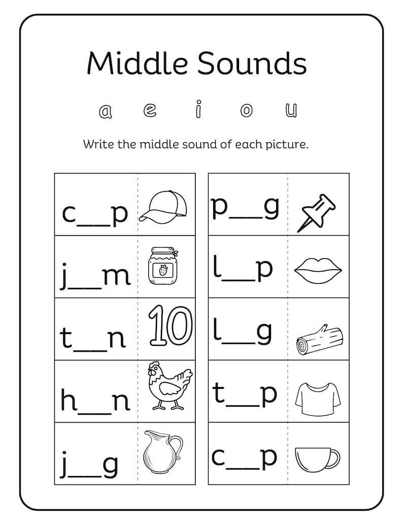 Phonics Worksheet, Middle Sound Worksheets, Write the Missing Letter ...