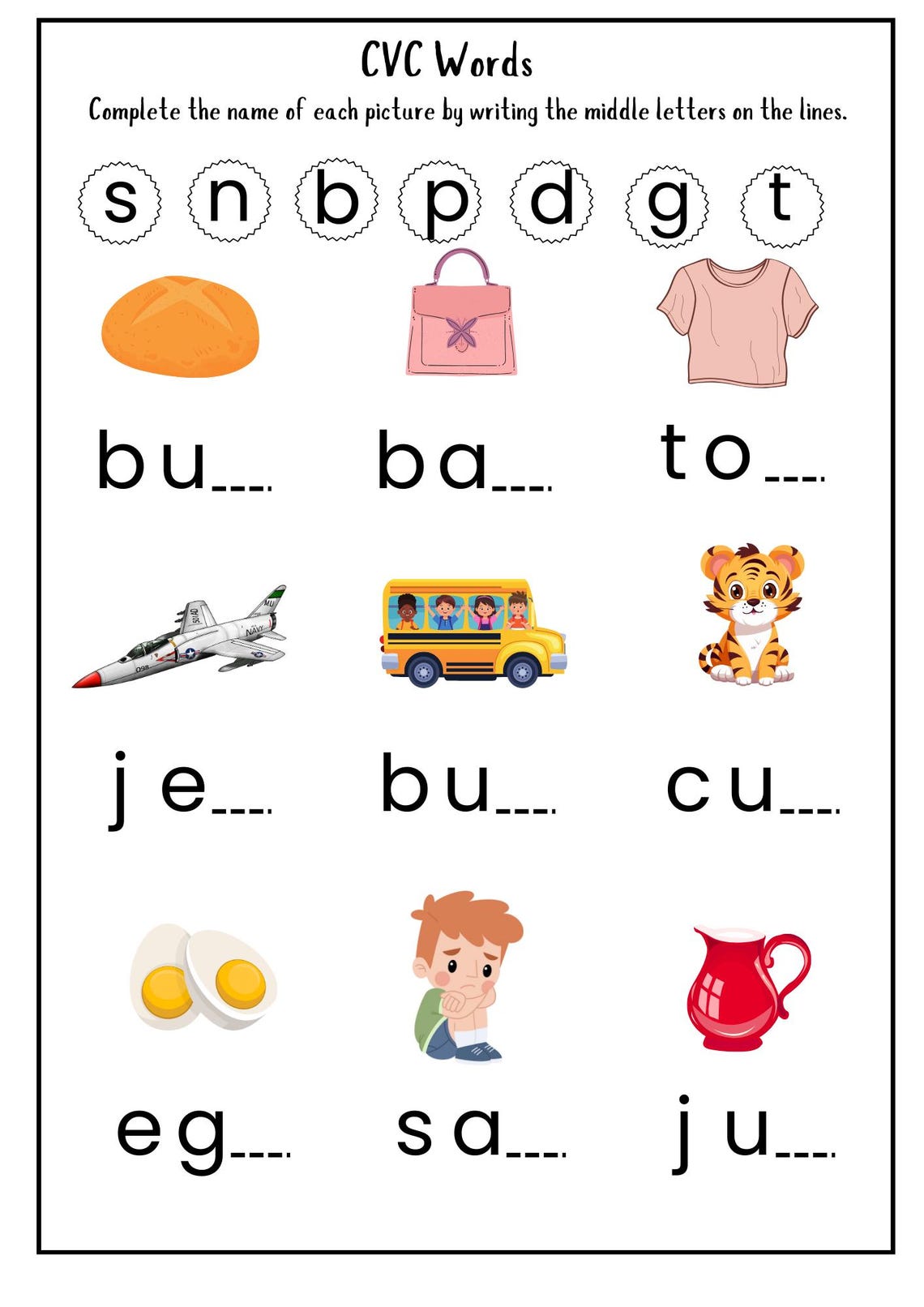 Kids Phonics CVC Words End Sound Worksheets - 10 Pages of Printable ...