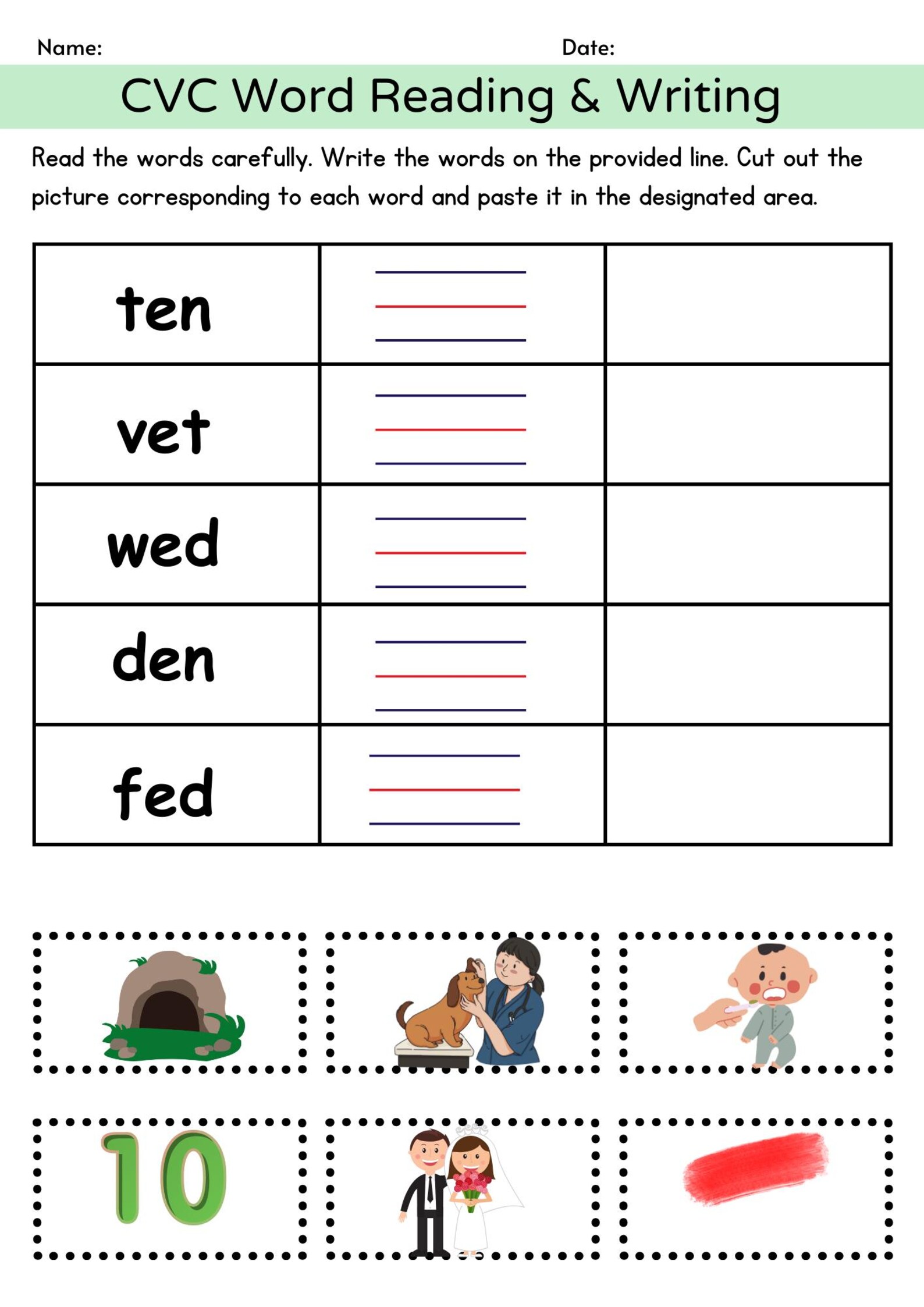 Phonics CVC Words Sheets, Reading and Writing Practice, Kindergarten ...