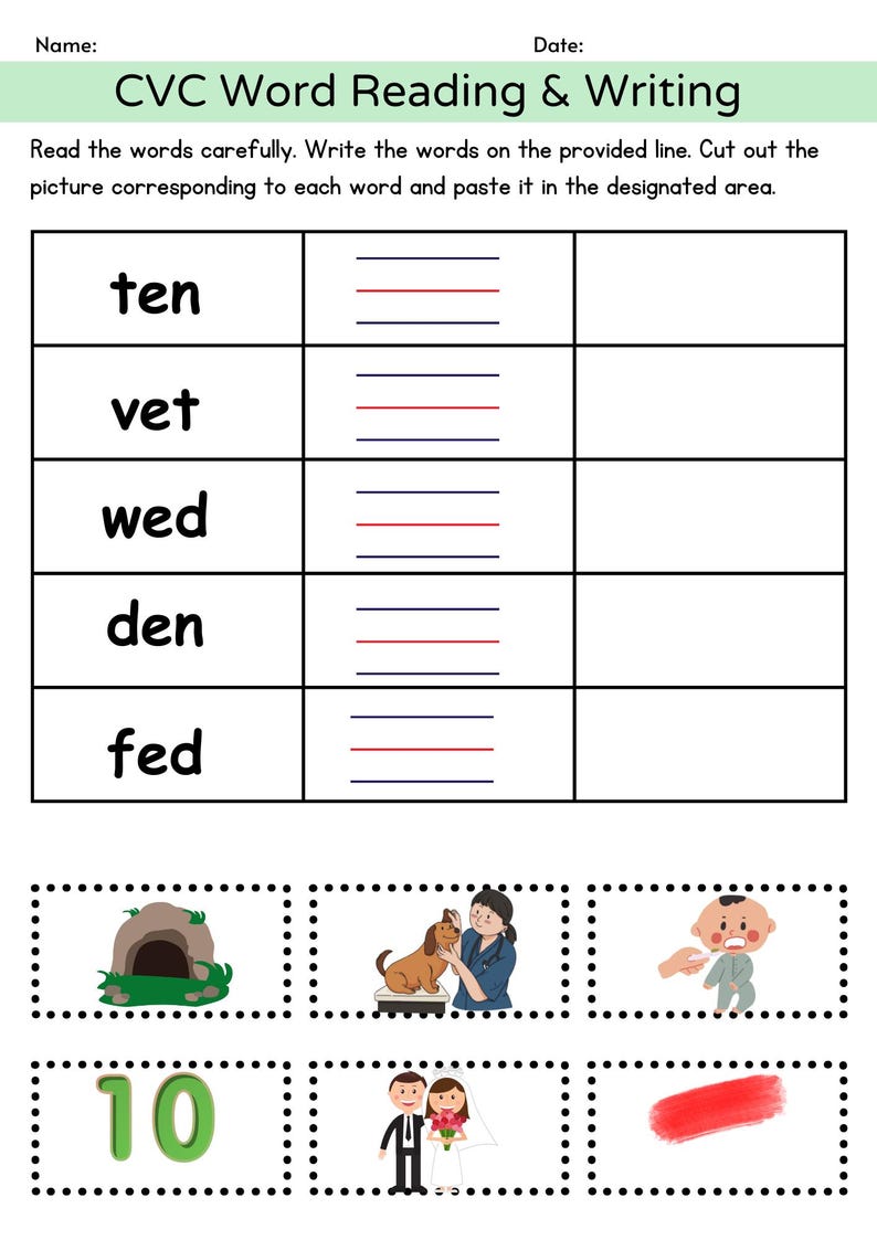 Phonics CVC Words Sheets, Reading and Writing Practice, Kindergarten ...
