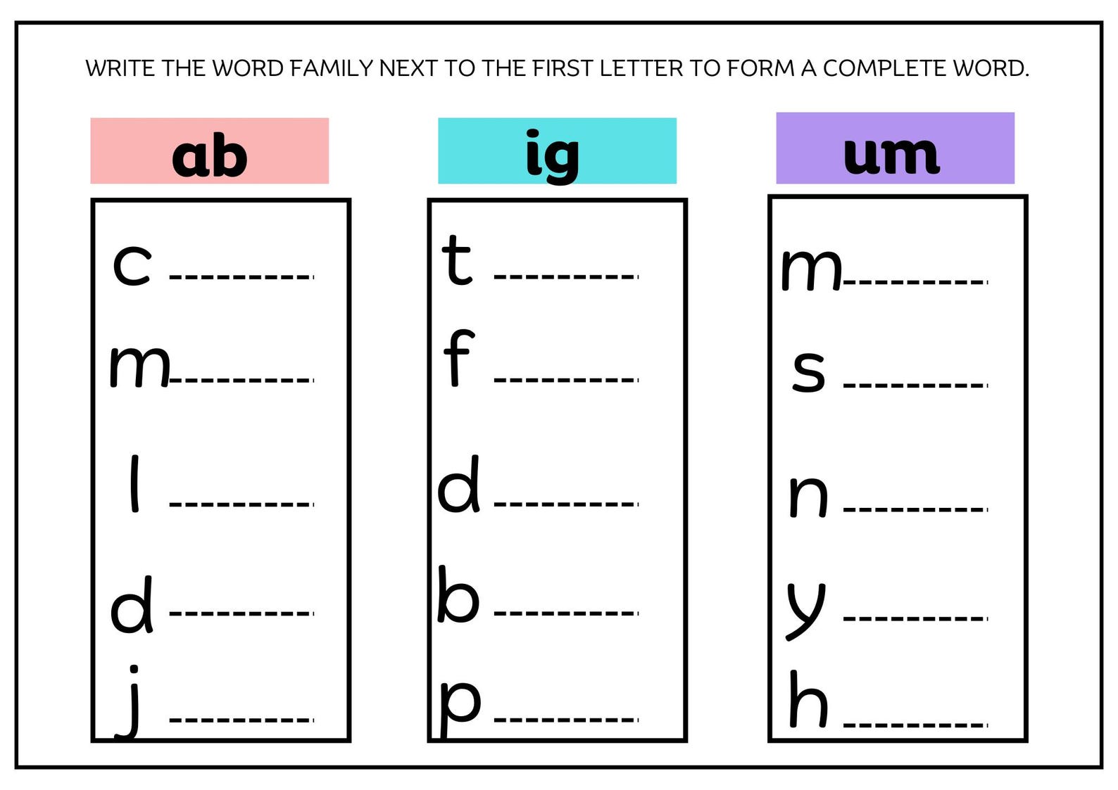 Phonics Word Family Worksheets, Printable Reading Practice, Educational ...