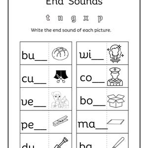 Phonics Educational Printable Learn to Read Word End Sound Kindergarten ...