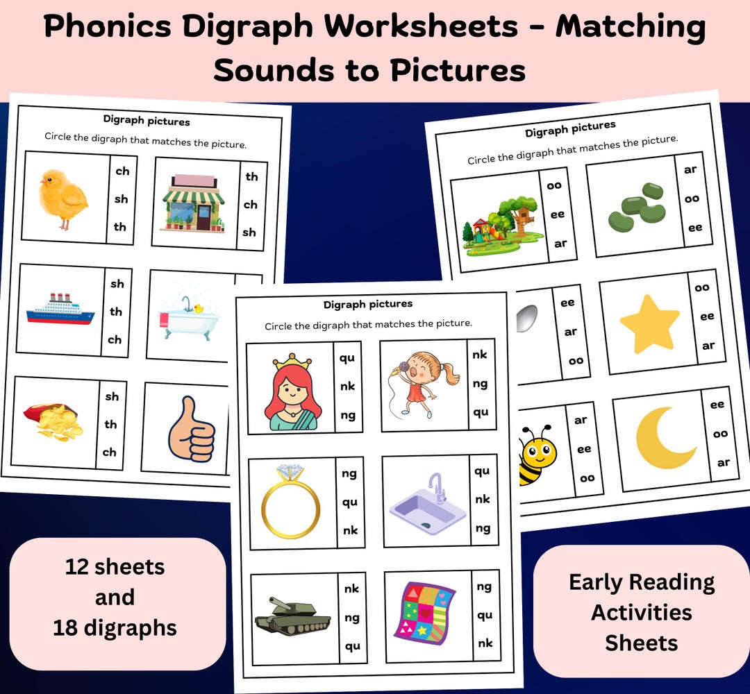 Phonics Digraph Worksheets for Kids | Match Sounds to Pictures| Early ...