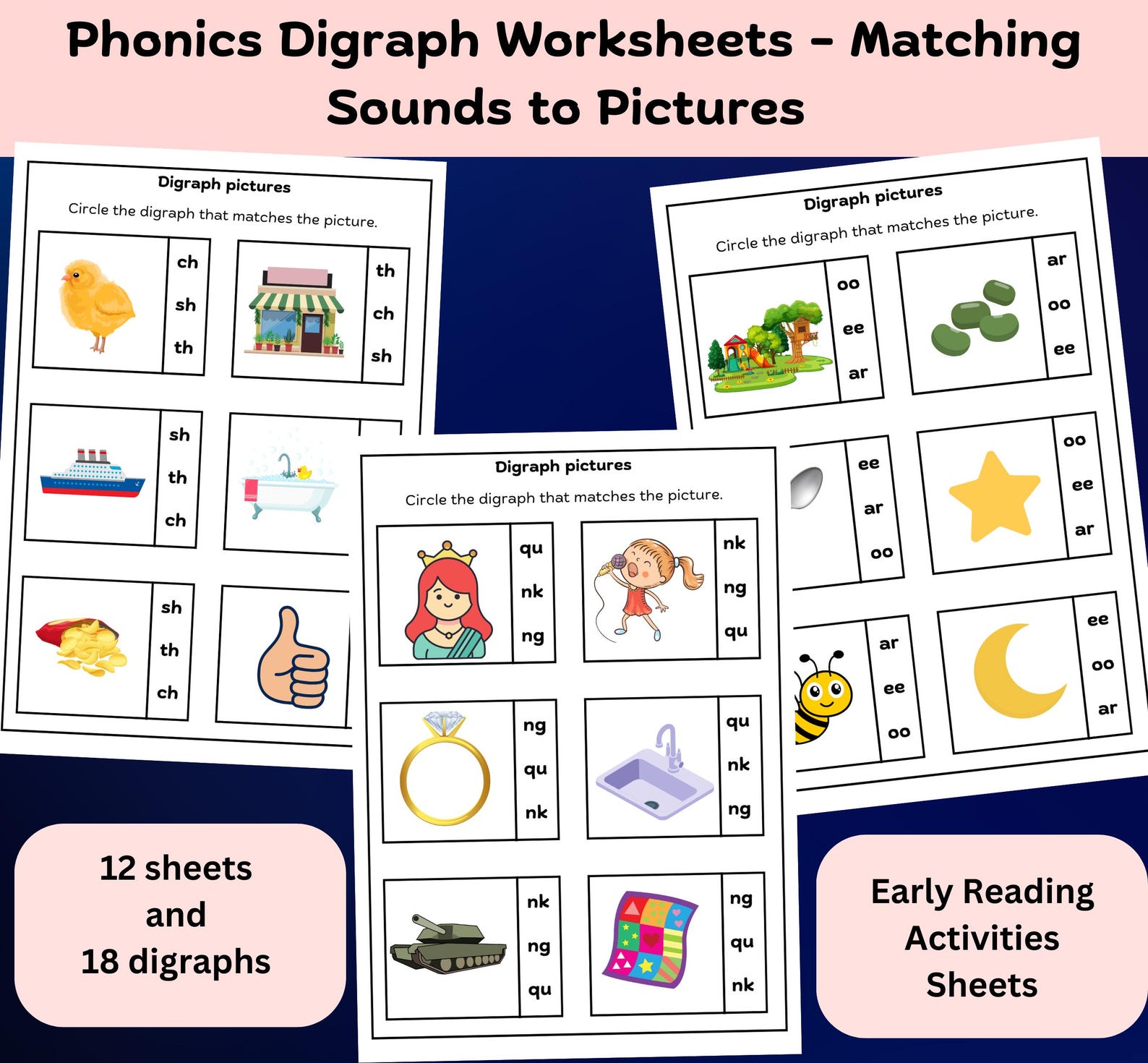 Phonics Digraph Worksheets for Kids | Match Sounds to Pictures| Early ...