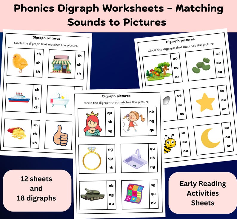 Phonics Digraph Worksheets for Kids | Match Sounds to Pictures| Early ...