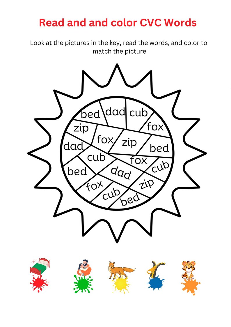 CVC Words Reading and Coloring Activity Sheets: Phonics Practice ...