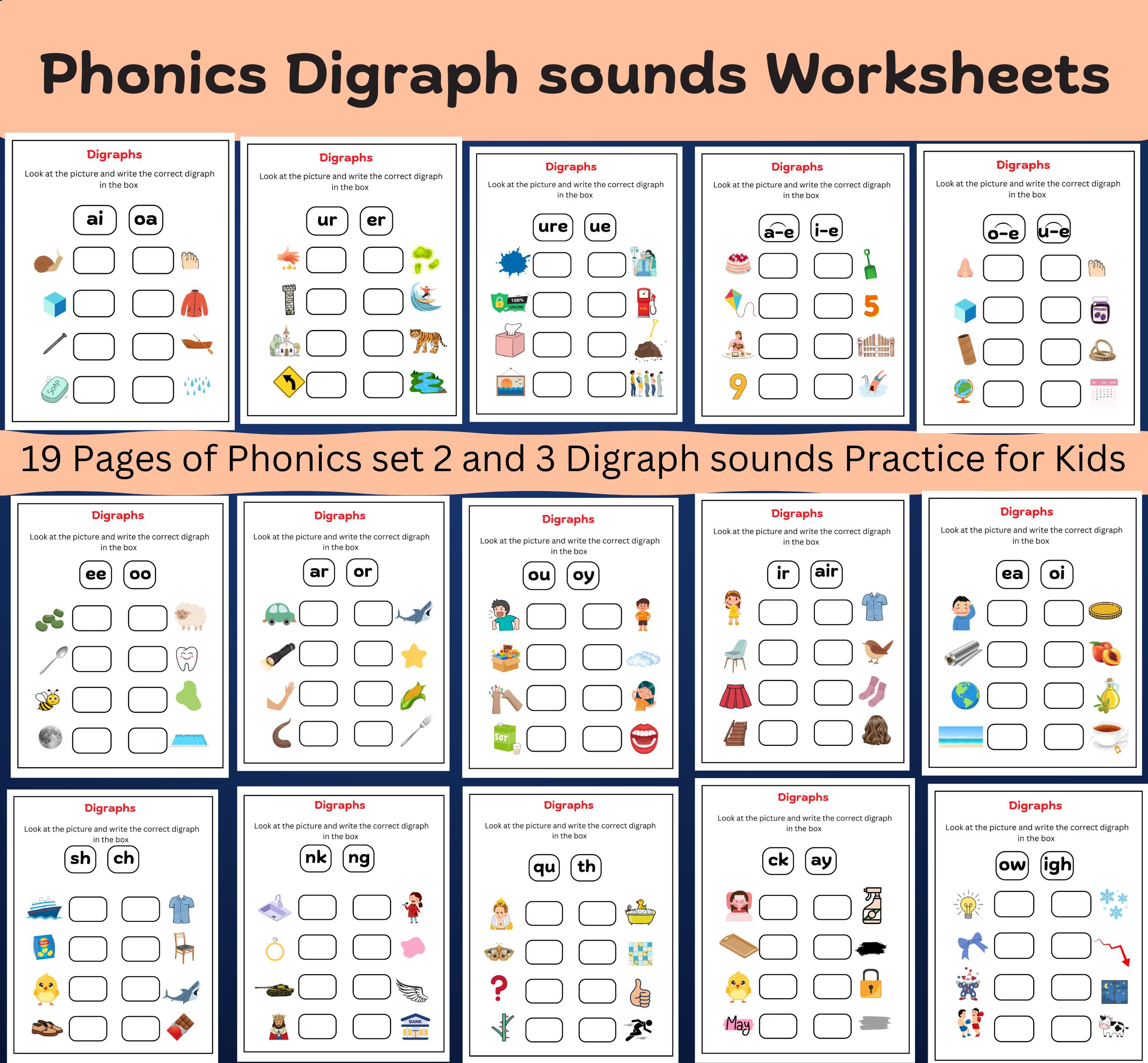 Phonics Digraph Worksheets: Set 2 & 3 Literacy Practice (PDF) - Etsy