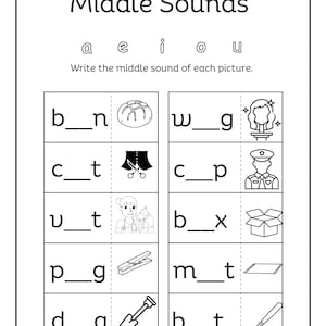 Phonics Worksheet, Middle Sound Worksheets, Write the Missing Letter ...