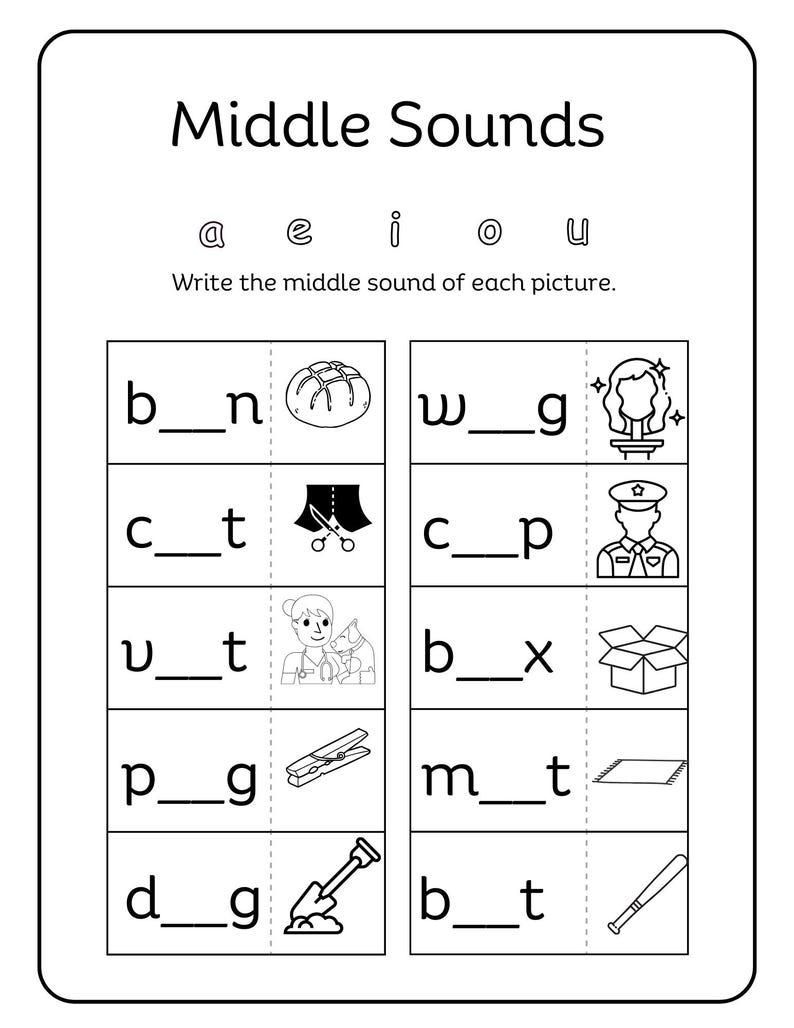 Phonics Worksheet, Middle Sound Worksheets, Write the Missing Letter ...