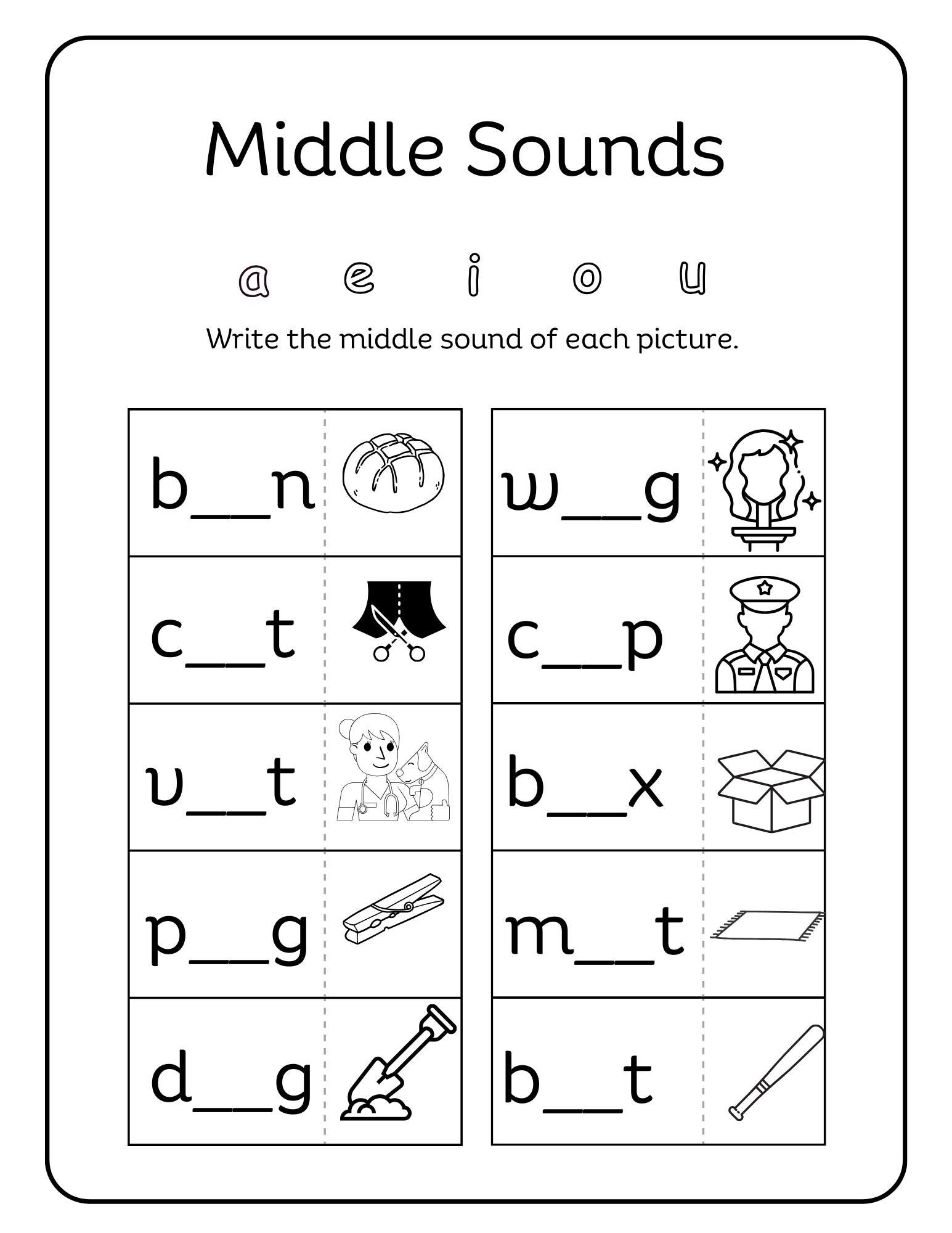 Phonics Worksheet, Middle Sound Worksheets, Write the Missing Letter ...