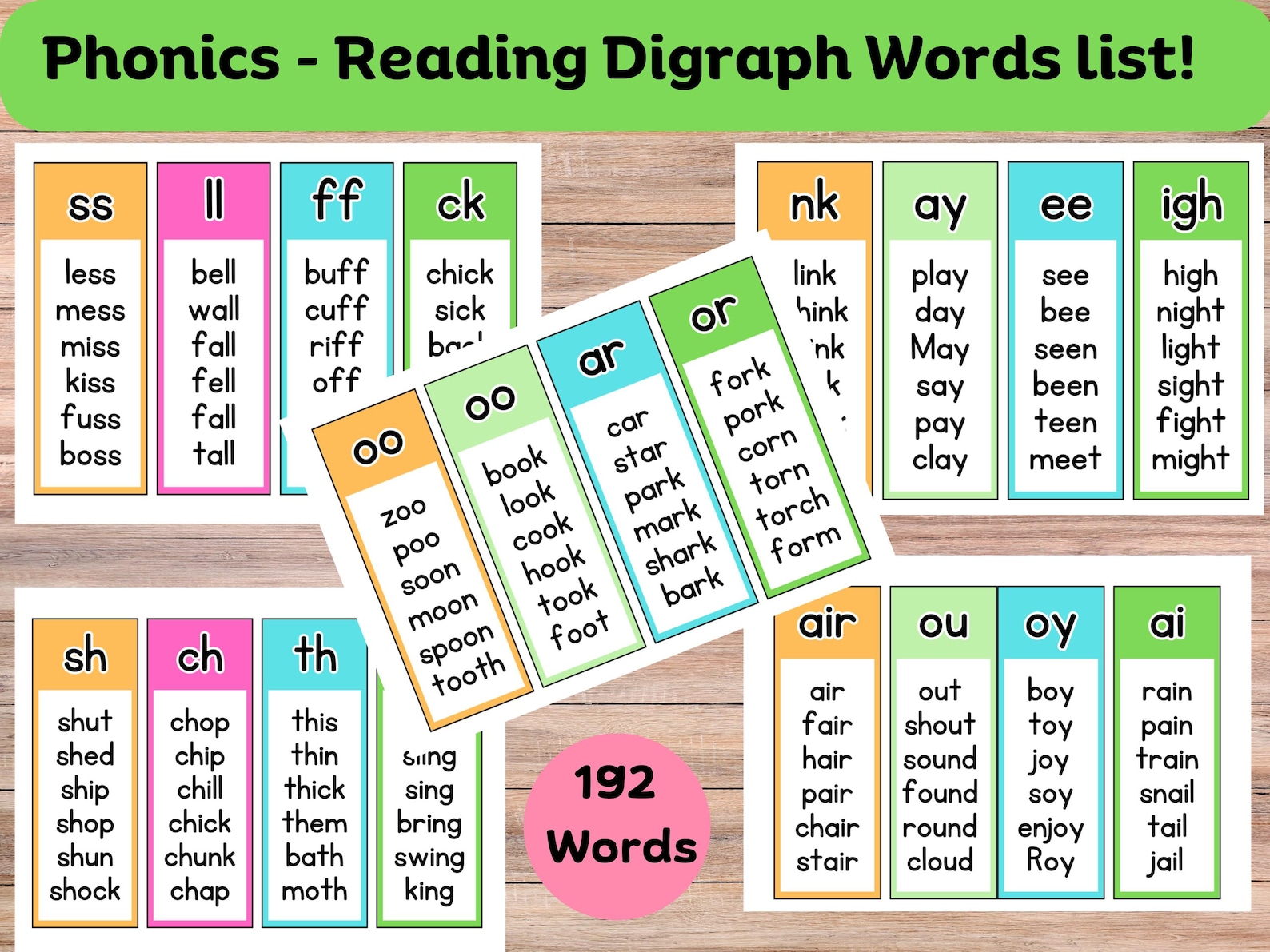 Phonics Digraph Bookmarks: Early Reading Words List (192 Words) - Etsy