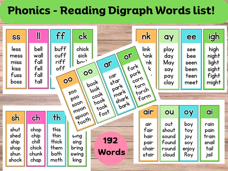 Phonics Digraph Bookmarks: Early Reading Words List (192 Words) - Etsy