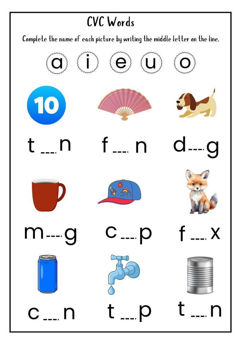 Phonics CVC Words Middle Sound Worksheets | 10 Pages of Vowel Sound ...
