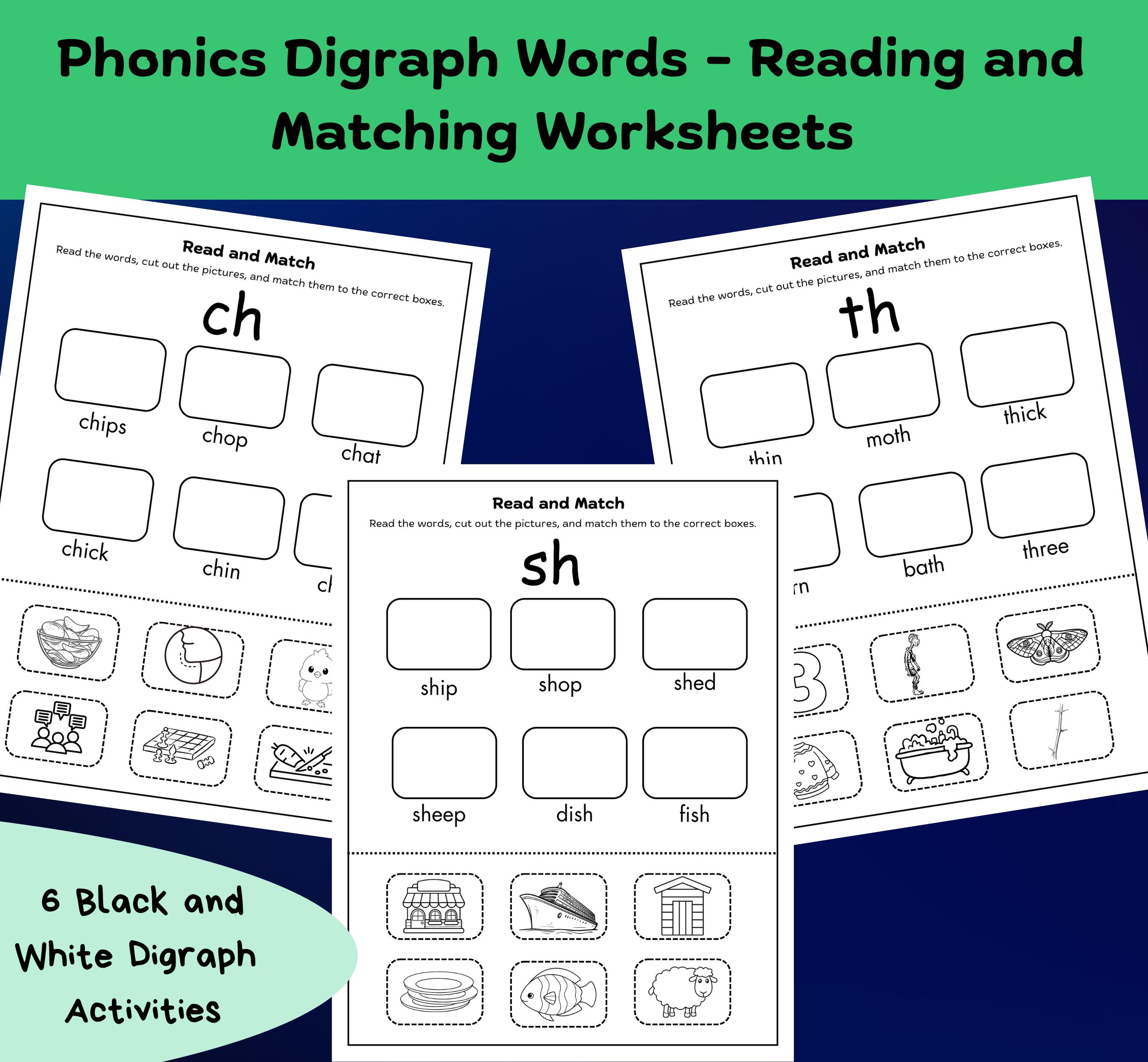 Phonics Digraph Worksheets | Read and Match Words to Pictures ...