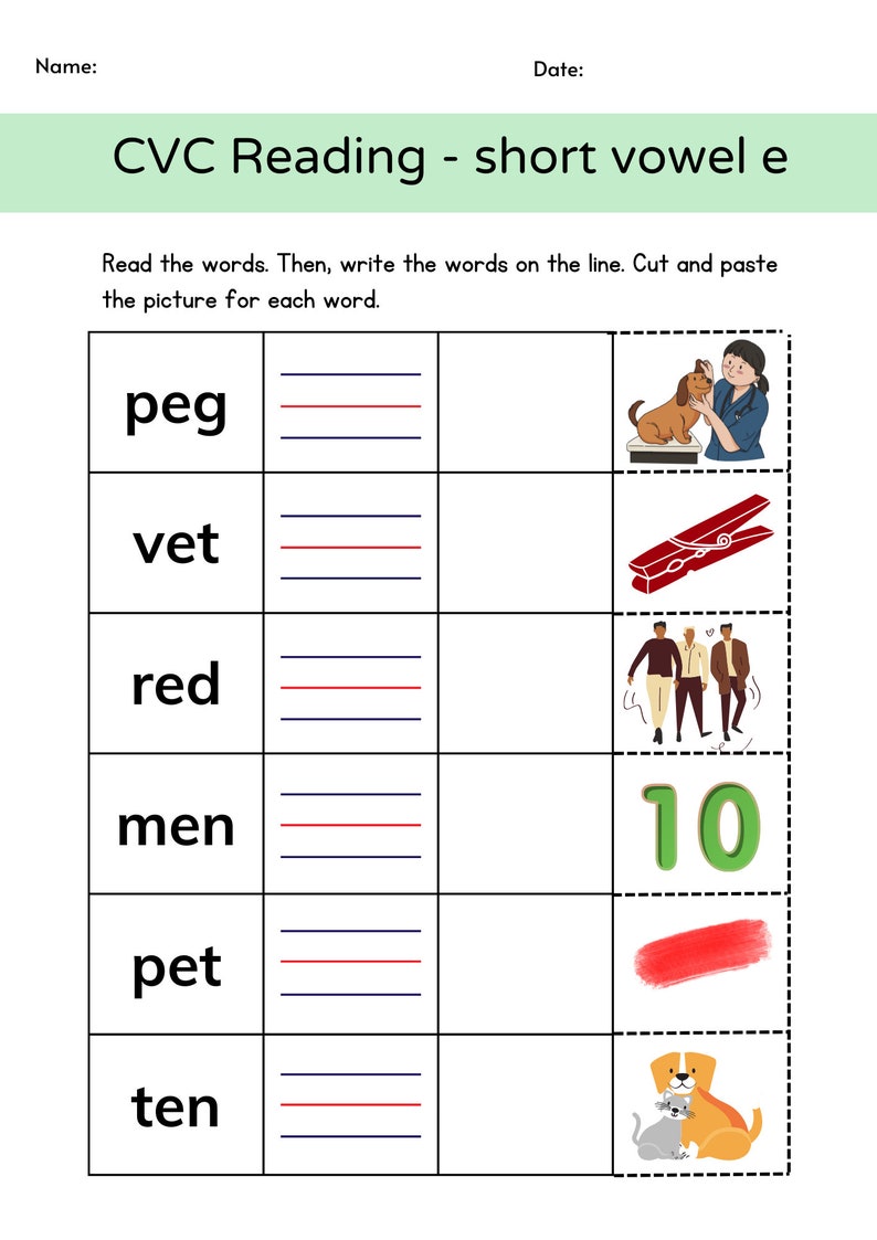 Read, Write, Cut, and Paste Pictures to Words, Reading and Writing ...