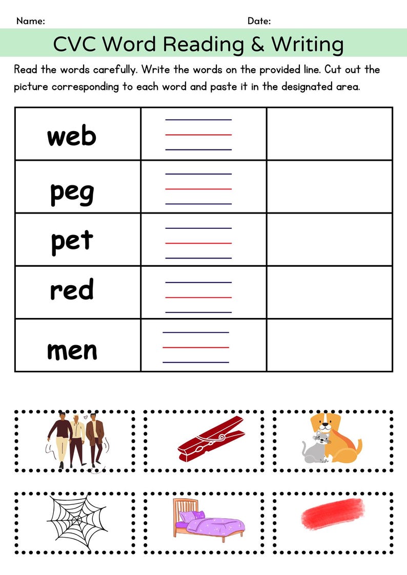Phonics CVC Words Sheets, Reading and Writing Practice, Kindergarten ...