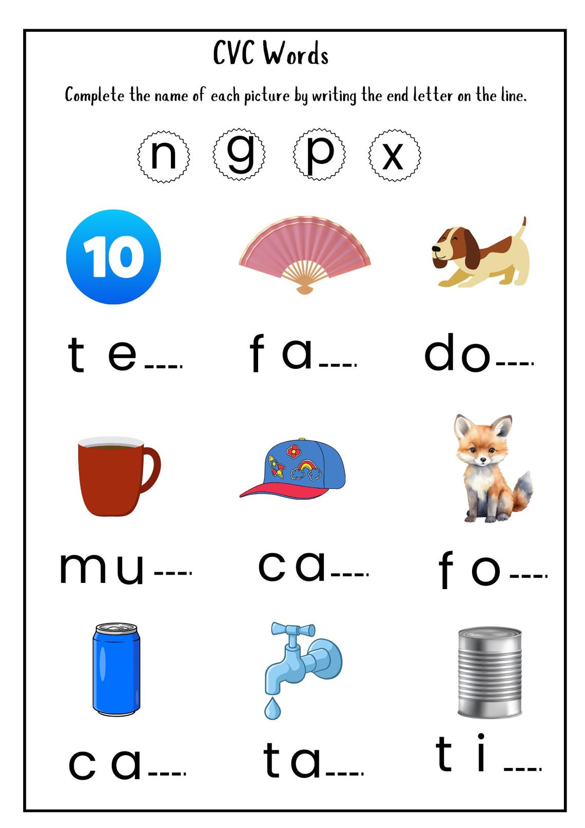 Kids Phonics CVC Words End Sound Worksheets - 10 Pages of Printable ...