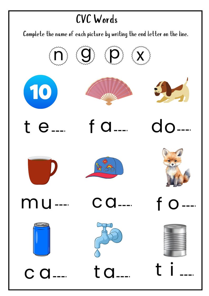 Kids Phonics CVC Words End Sound Worksheets - 10 Pages of Printable ...