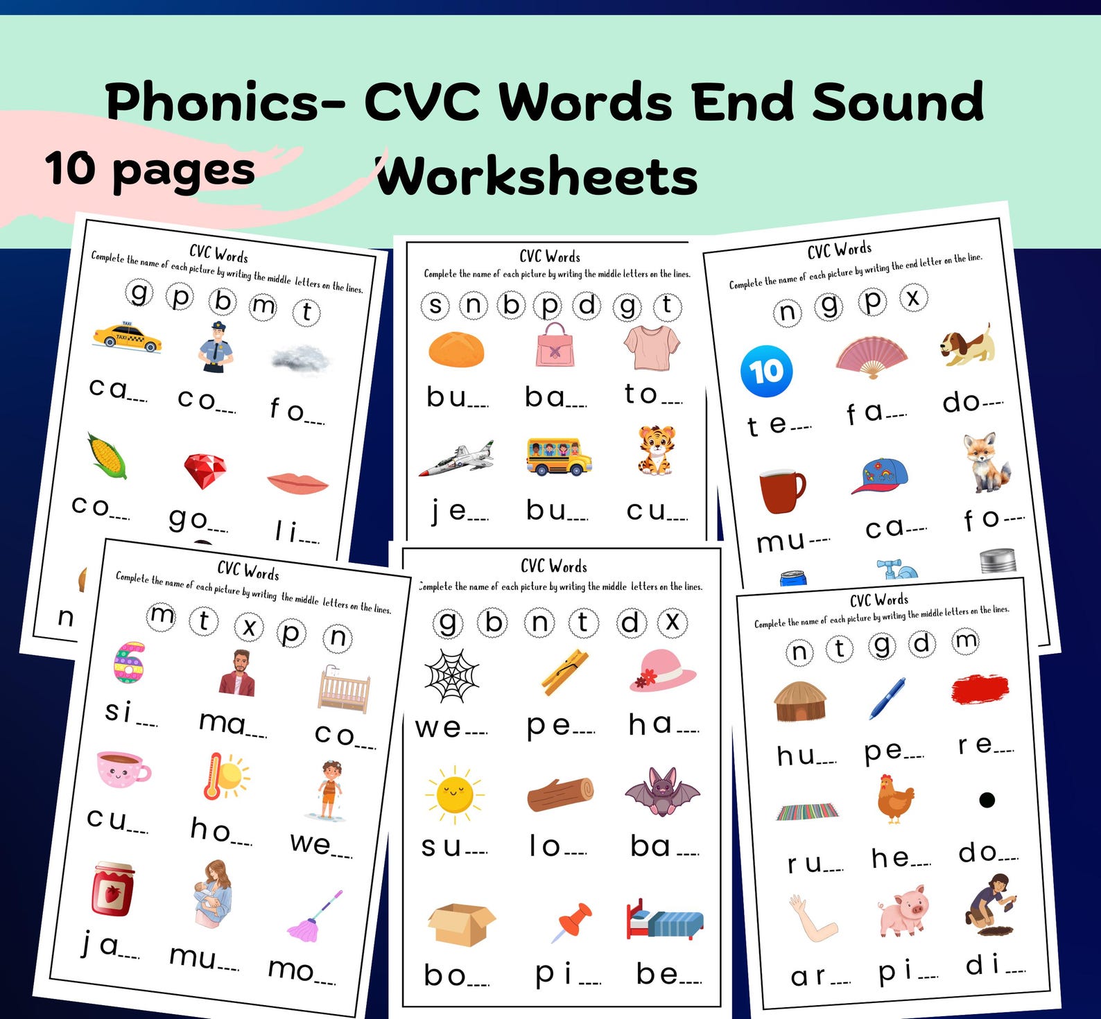 Kids Phonics CVC Words End Sound Worksheets - 10 Pages of Printable ...