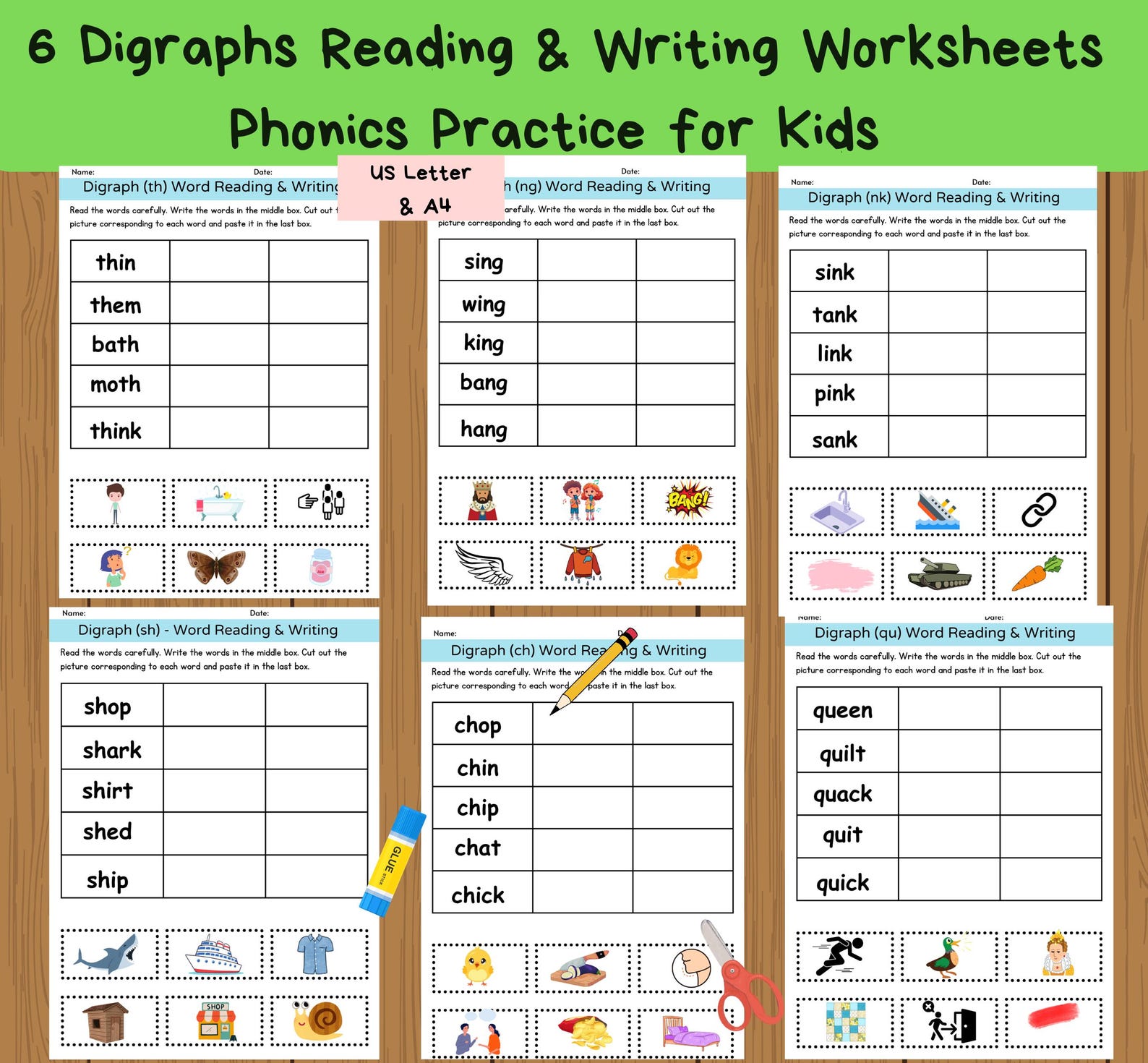 Printable Phonics Digraph Worksheets, Kindergarten Phonics Activities ...