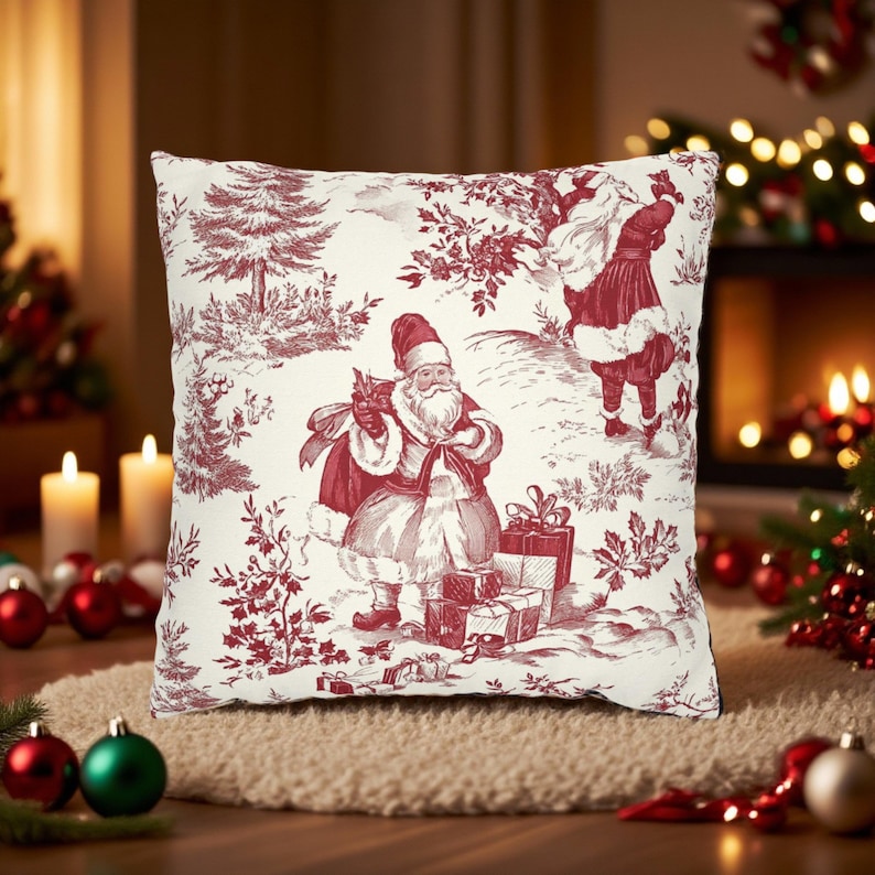 Red Toile Christmas Pillow Cover: Santa Claus Pine Tree Holiday Decor ...