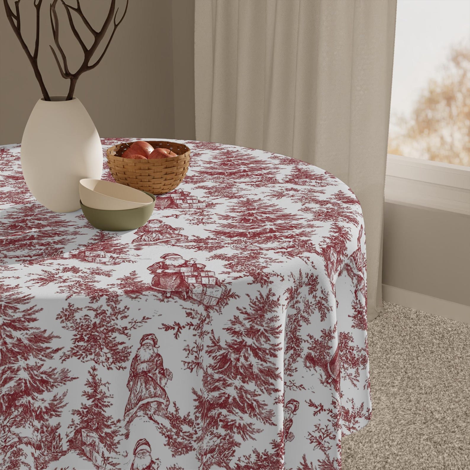 Red Toile Christmas Tablecloth: Pine Tree Holiday Decor - Etsy