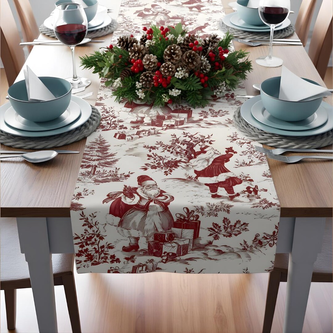 Red Toile Christmas Table Runner: Vintage Pine Tree Holiday Decor - Etsy