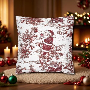 Red Toile Christmas Pillow Cover: Santa Claus Pine Tree Holiday Decor ...