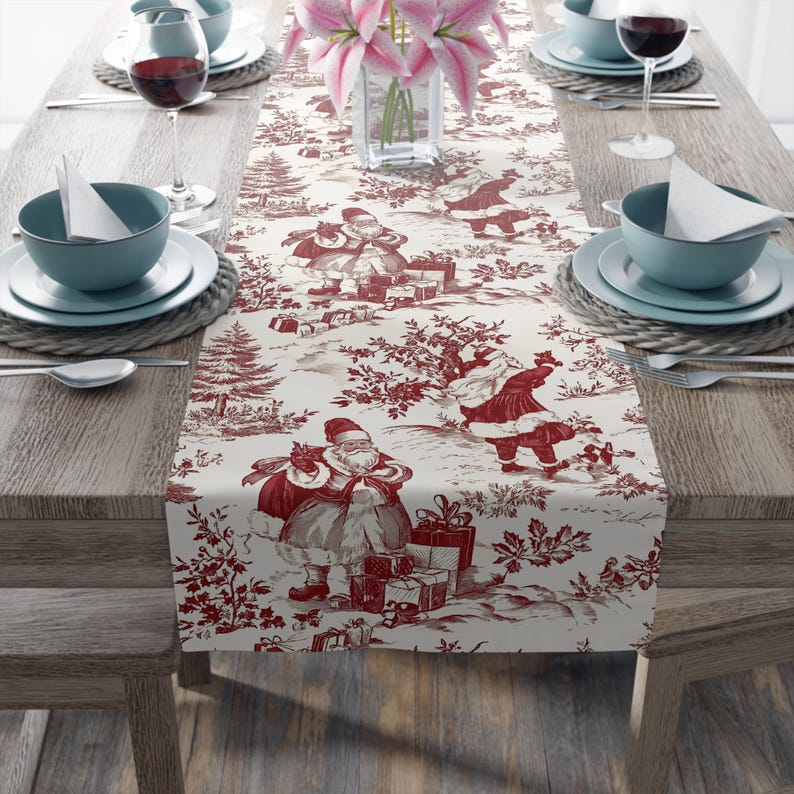 Red Toile Christmas Table Runner: Vintage Pine Tree Holiday Decor - Etsy