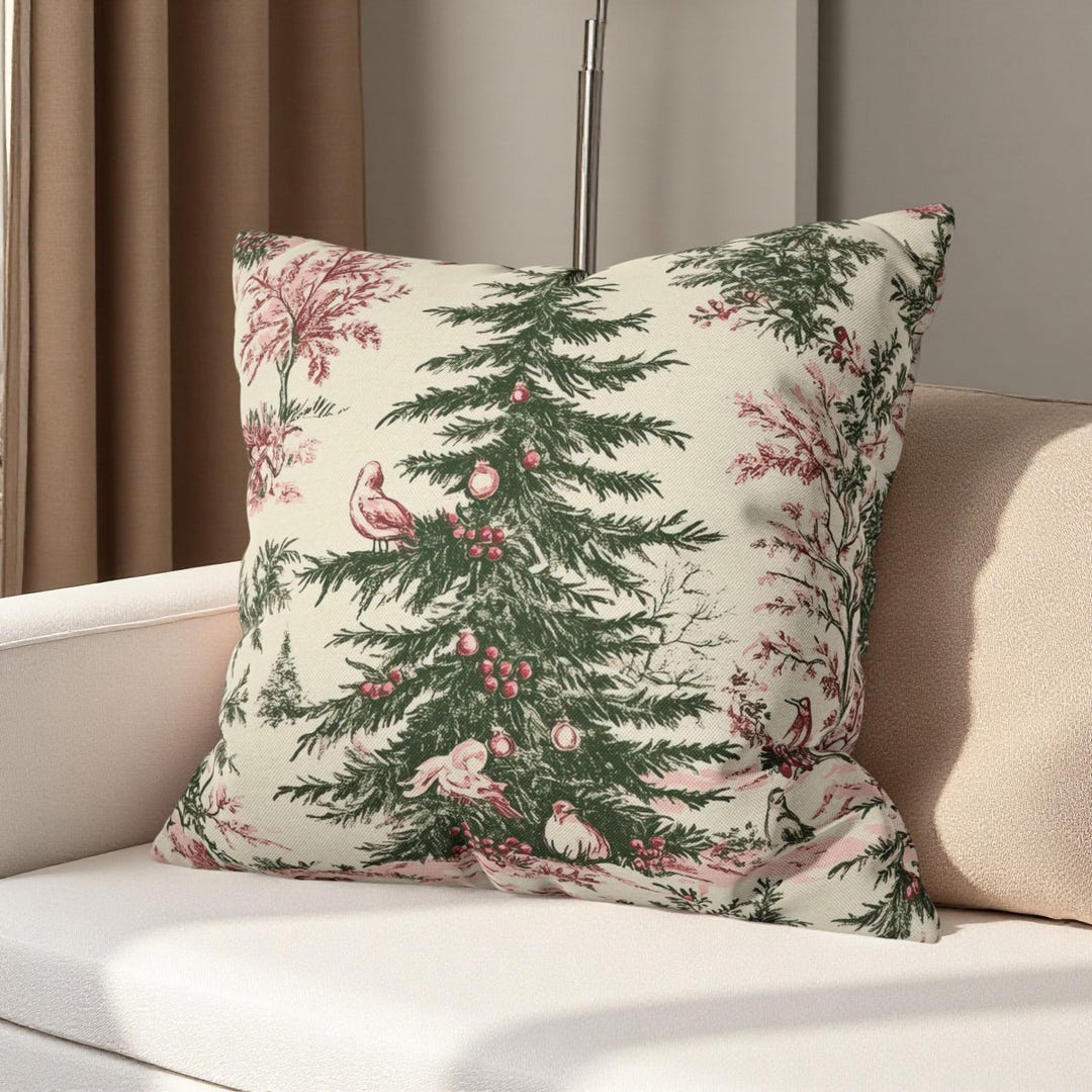 Green Toile Christmas Pillow Cover: Vintage Holiday Pines Decor - Etsy