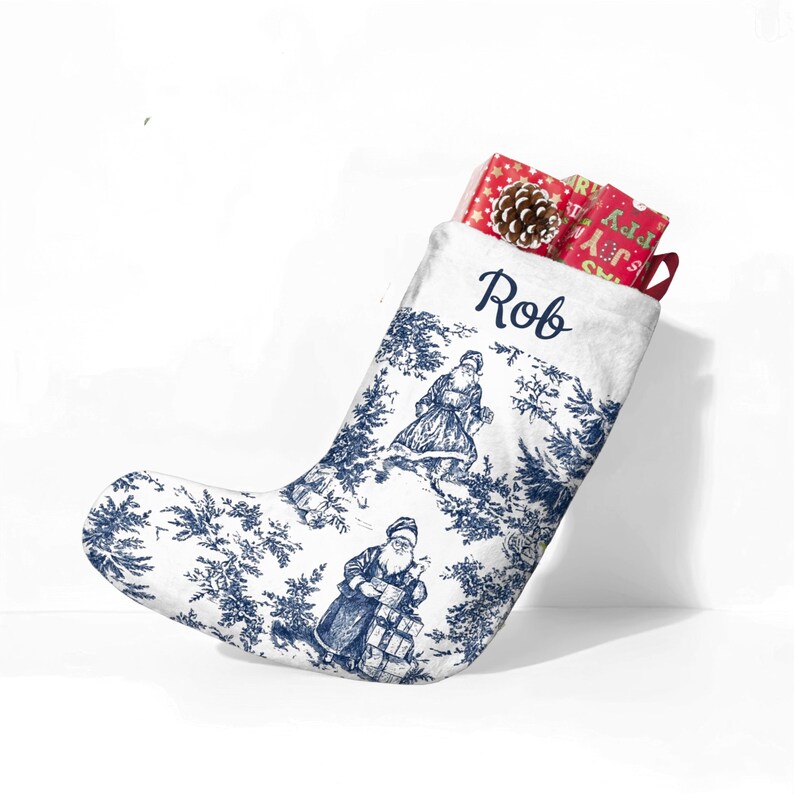 Personalized Blue Toile Christmas Stocking: Vintage Santa Decor - Etsy