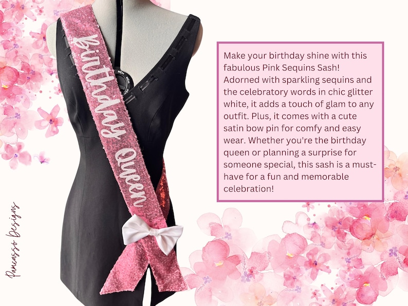 Sash | Sparkling Pink Sequins Fabric Birthday Girl Sash With Satin Bow ...