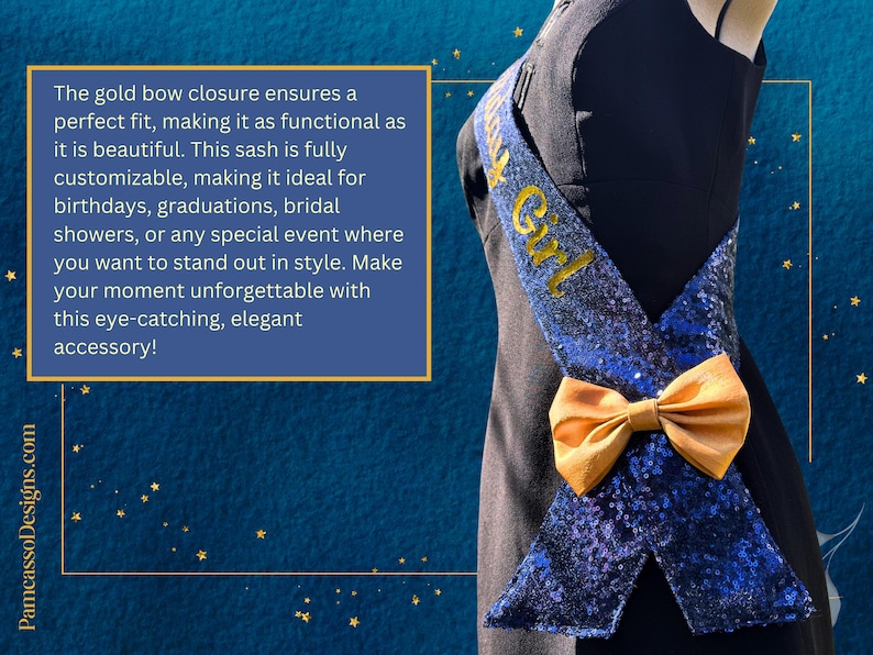 Sash | Personalized Royal Blue and Gold Sequin Sash – Custom Text for ...