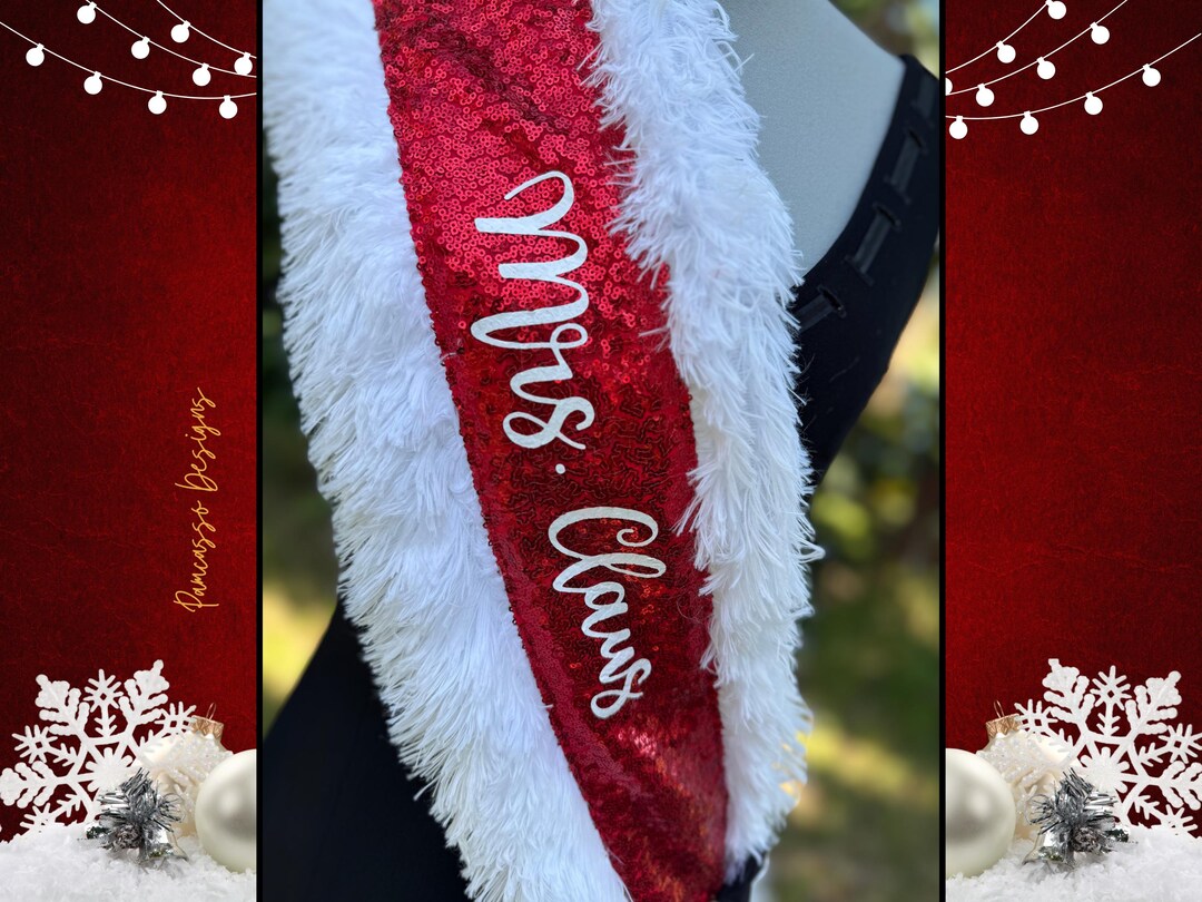 Sash | Mrs. Claus Red Sequin Sash With Faux Fur Trim & Satin Bow ...
