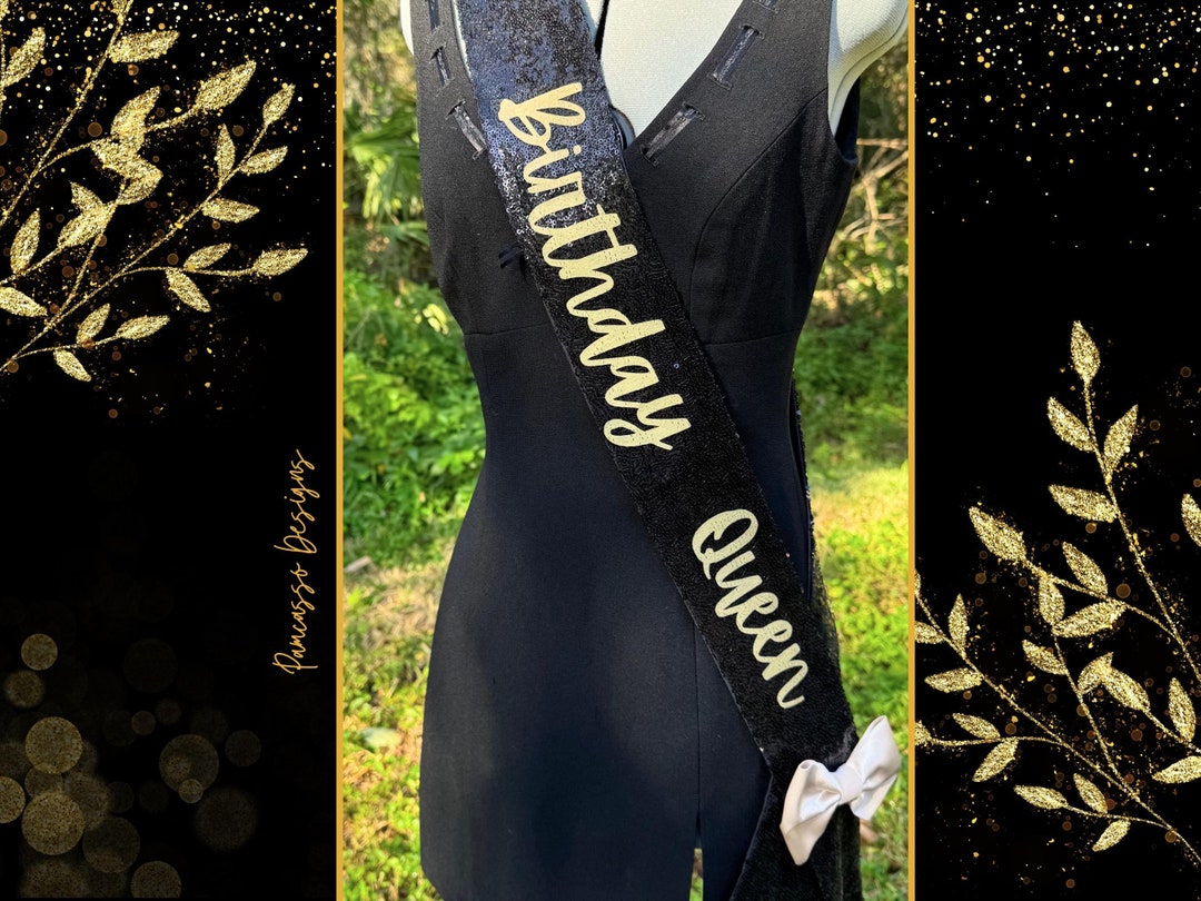 Sash | Birthday Queen Black Sequin Fabric Sash With Gold Satin Bow ...