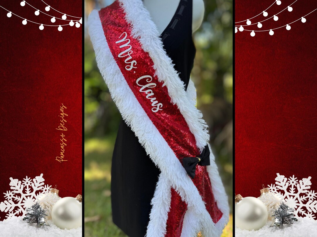 Sash | Christmas Holiday Red Sequin Sash With Faux Fur Trim & Satin Bow ...