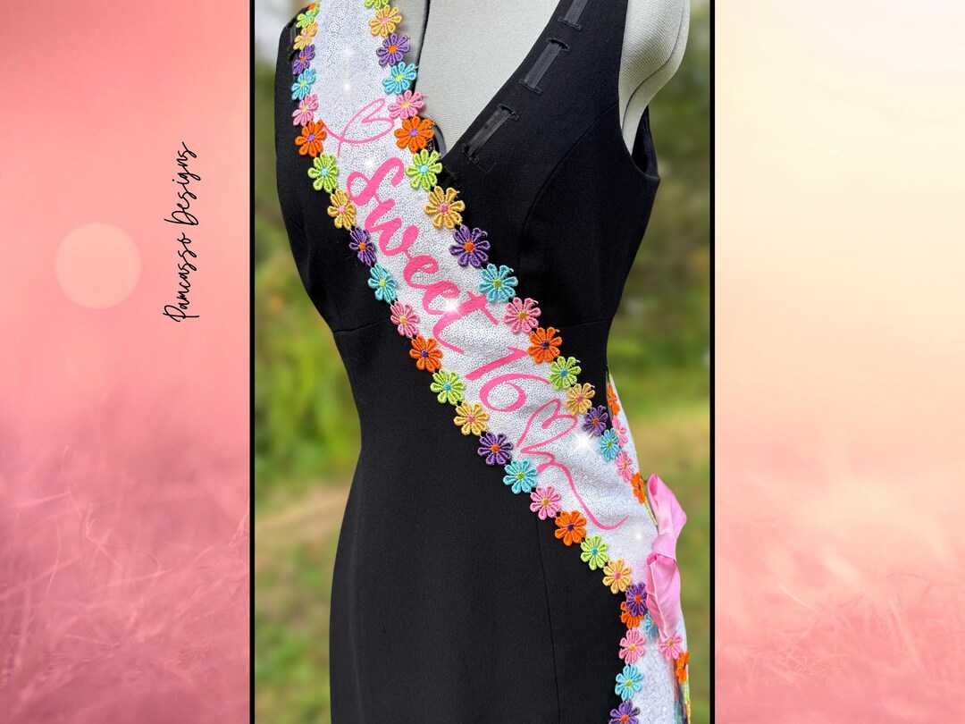 Sash | White Sequin Fabric Sash With Colorful Embroidered Flowers ...