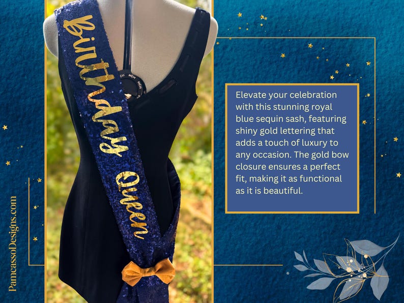 Sash | Personalized Royal Blue and Gold Sequin Sash – Custom Text for ...