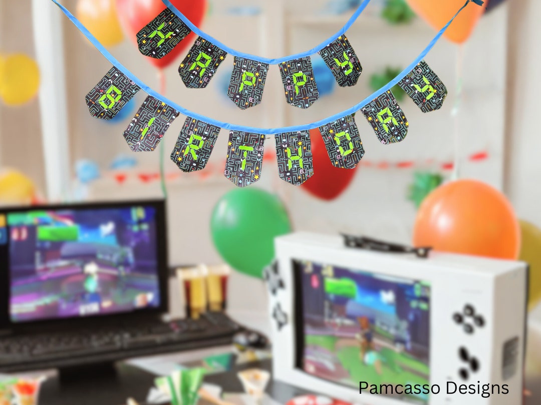 Gaming Happy Birthday Banner Bunting - Video Games - Fabric Embroidered ...