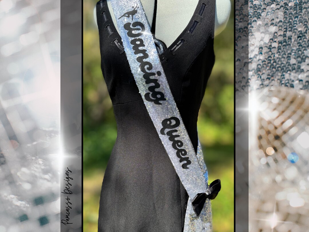 Sash | Custom Silver Sequin Fabric Sash With Black Satin Bow ...