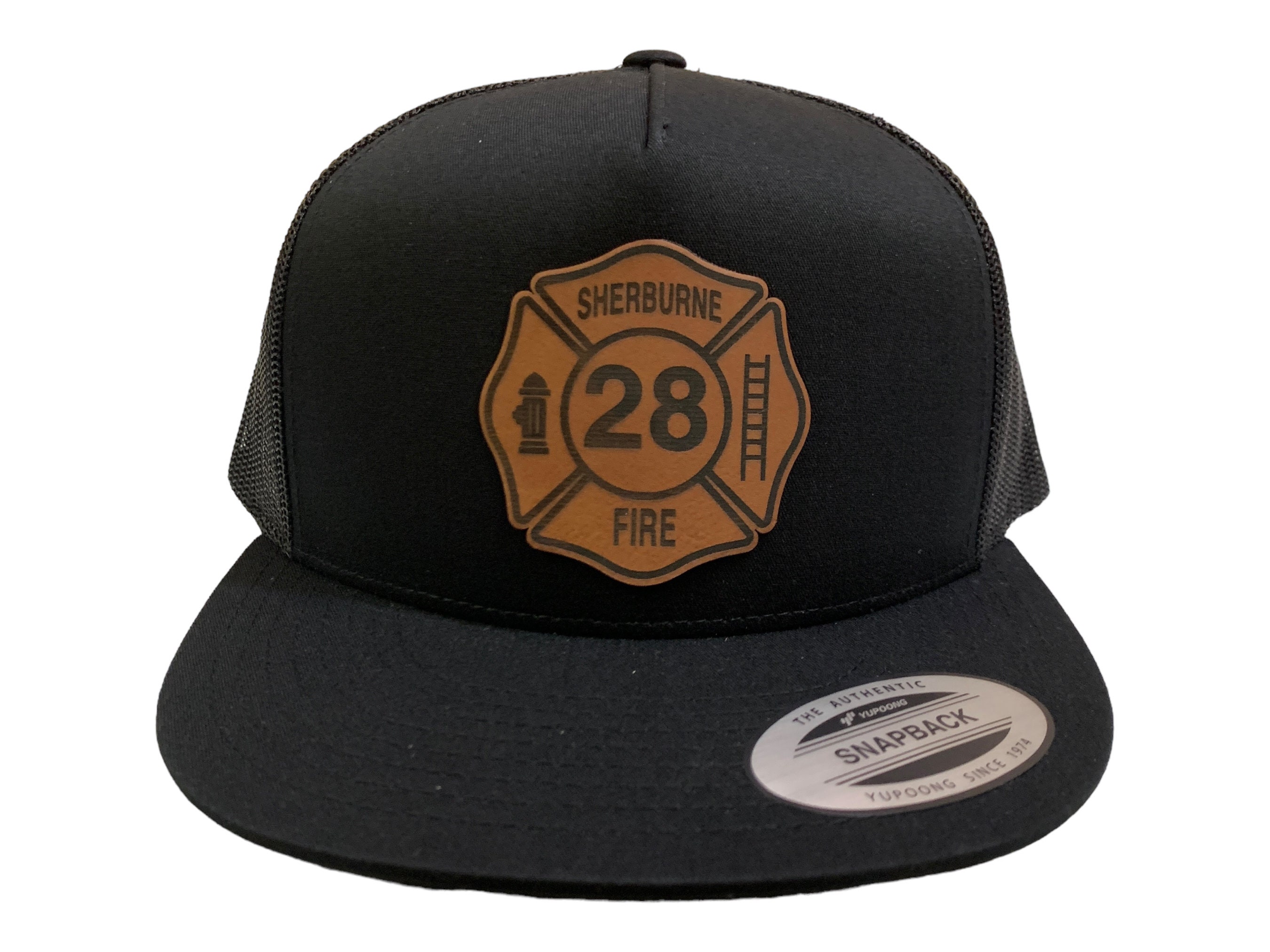 Custom Leather Patch Hat, Fire Department Maltese Cross, Black Yupoong ...