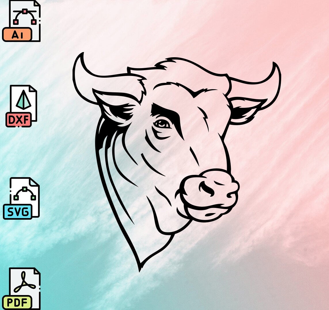 Bull Head, Animal Svg Dxf File Wall Sticker Pdf Template Cnc Cutting ...