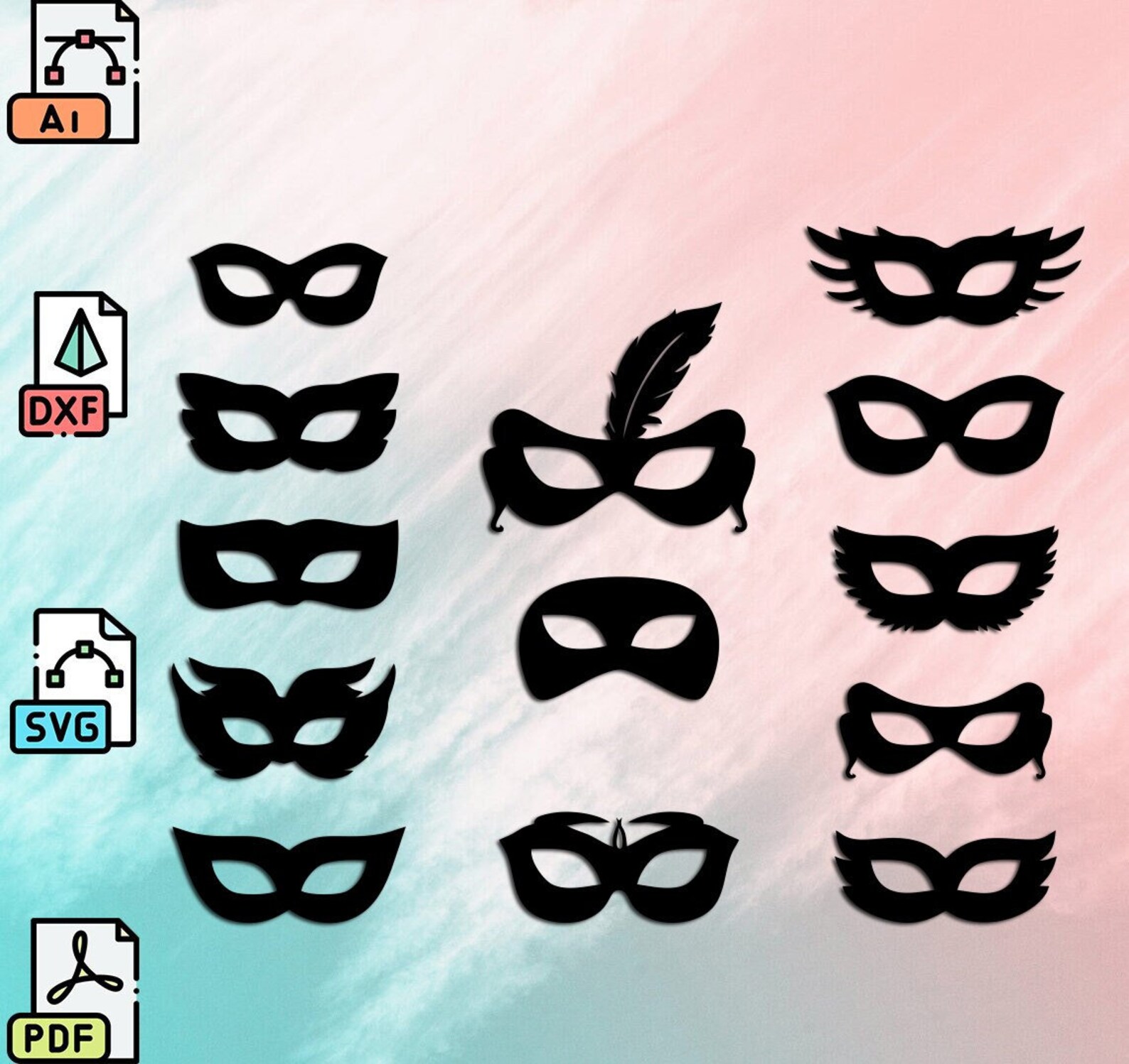 Party Masks, Carnaval Masks Svg Dxf File Wall Sticker Pdf Template Cnc ...