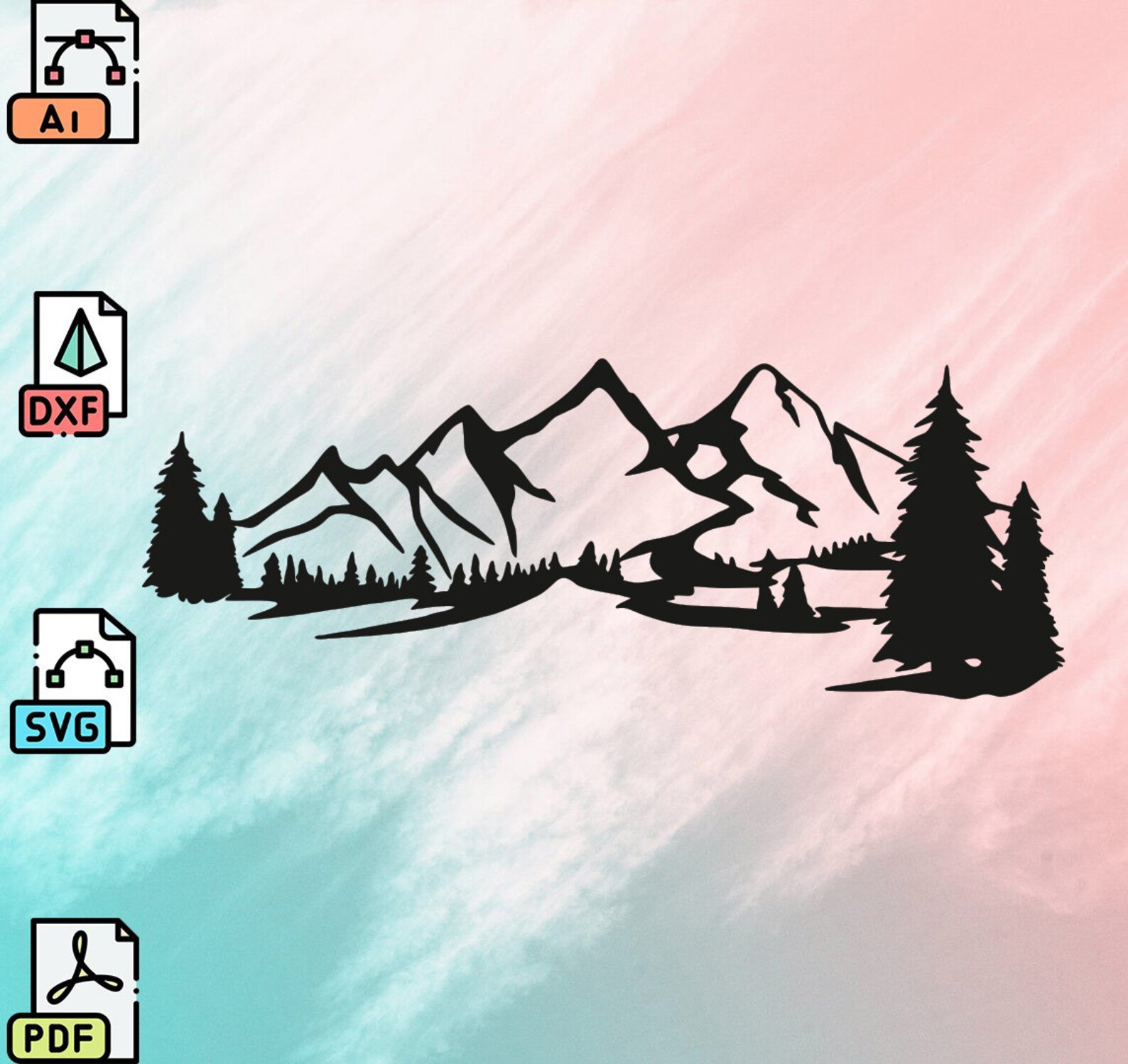 Mountain Svg Dxf File Wall Sticker Pdf Silhouette Template Cnc Cutting ...