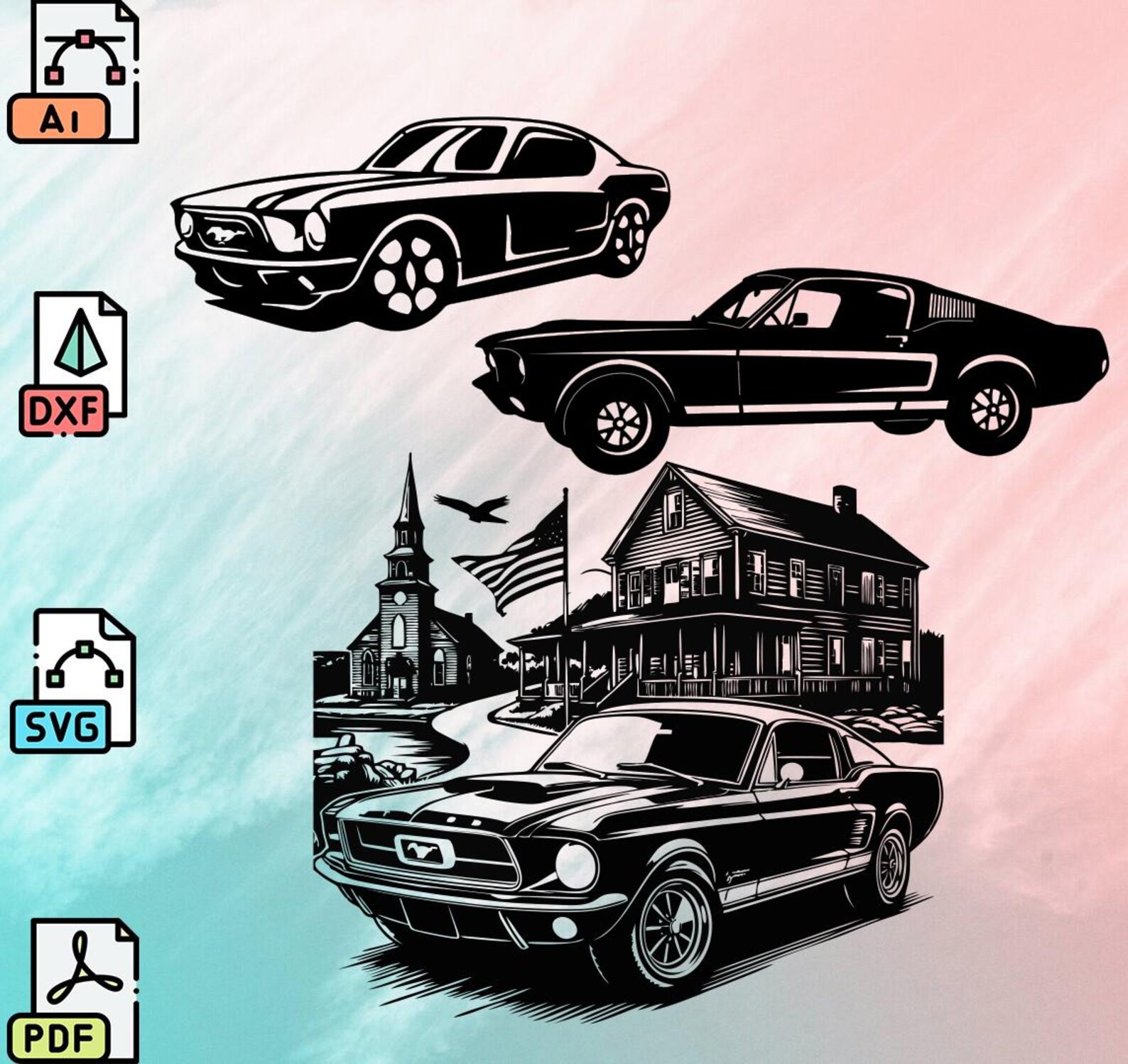 Mustang Packet Svg Dxf File Wall Sticker Pdf Silhouette Template Cnc ...