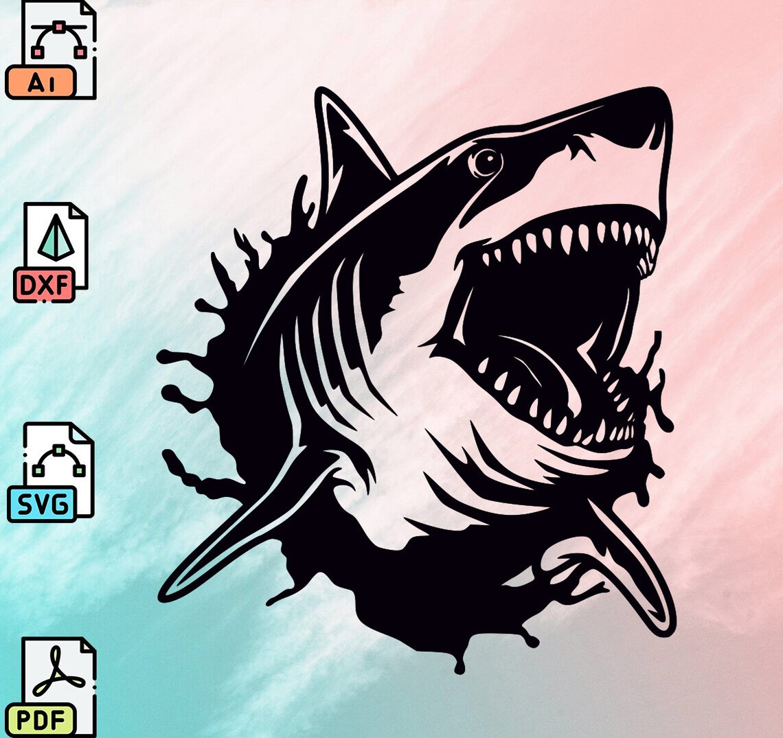 Shark Svg, Jaws Dxf File Wall Sticker Pdf Template Cnc Cutting Router ...