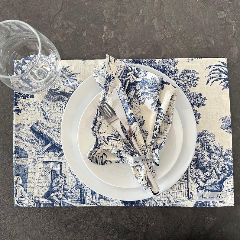 Blue Toile De Jouy Napkins - Handmade Thick Cotton Cloth Napkins ...
